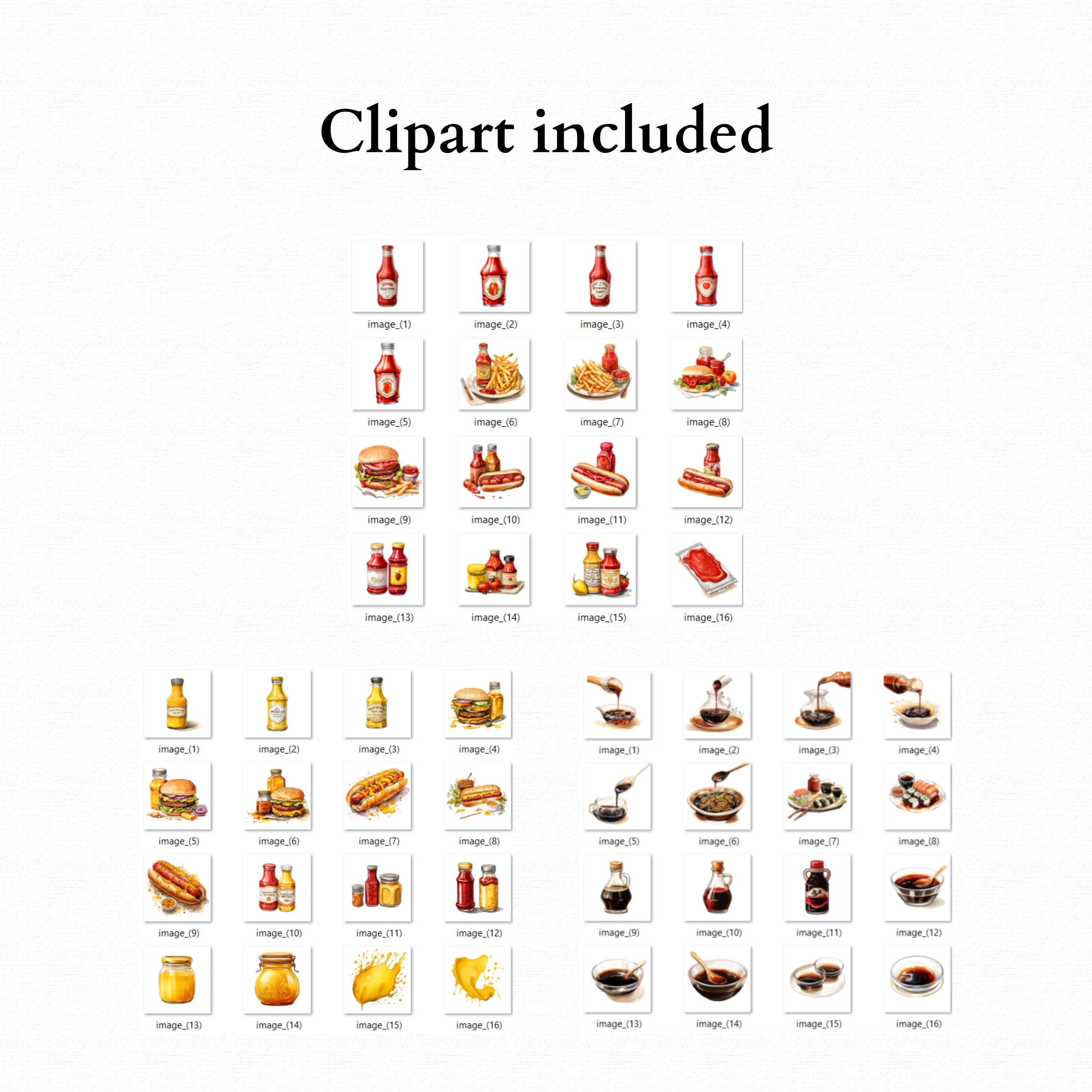 Sauce Clipart, Bundle, Ketchup, Mustard, Soy Sauce, Hamburger, Bbq, Hot ...