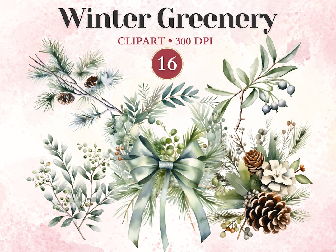 Winter Greenery Clipart, Floral Clipart, Wreath, Mistletoe, Holly ...