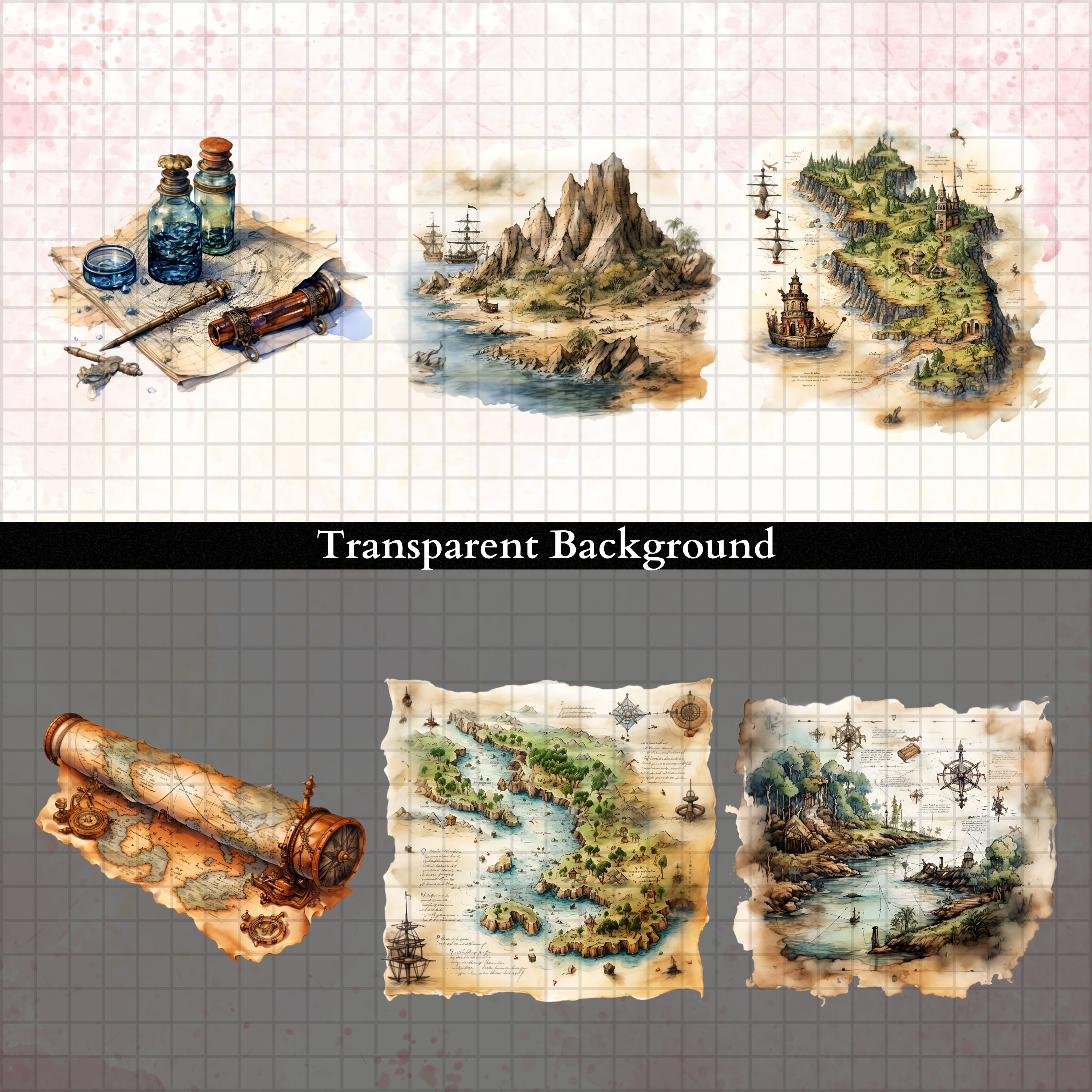 Treasure Map Clipart, Watercolor, Pirate Clipart, Party, Birthday ...