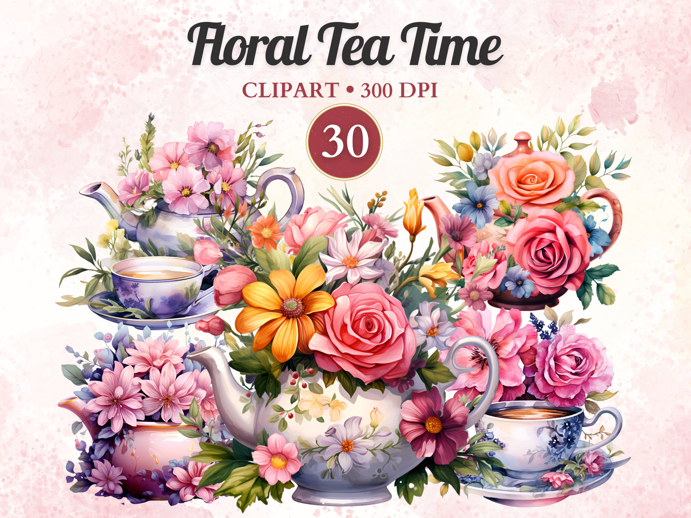 Floral Tea Time Clipart, Vintage Floral Tea, Tea Time Clipart ...