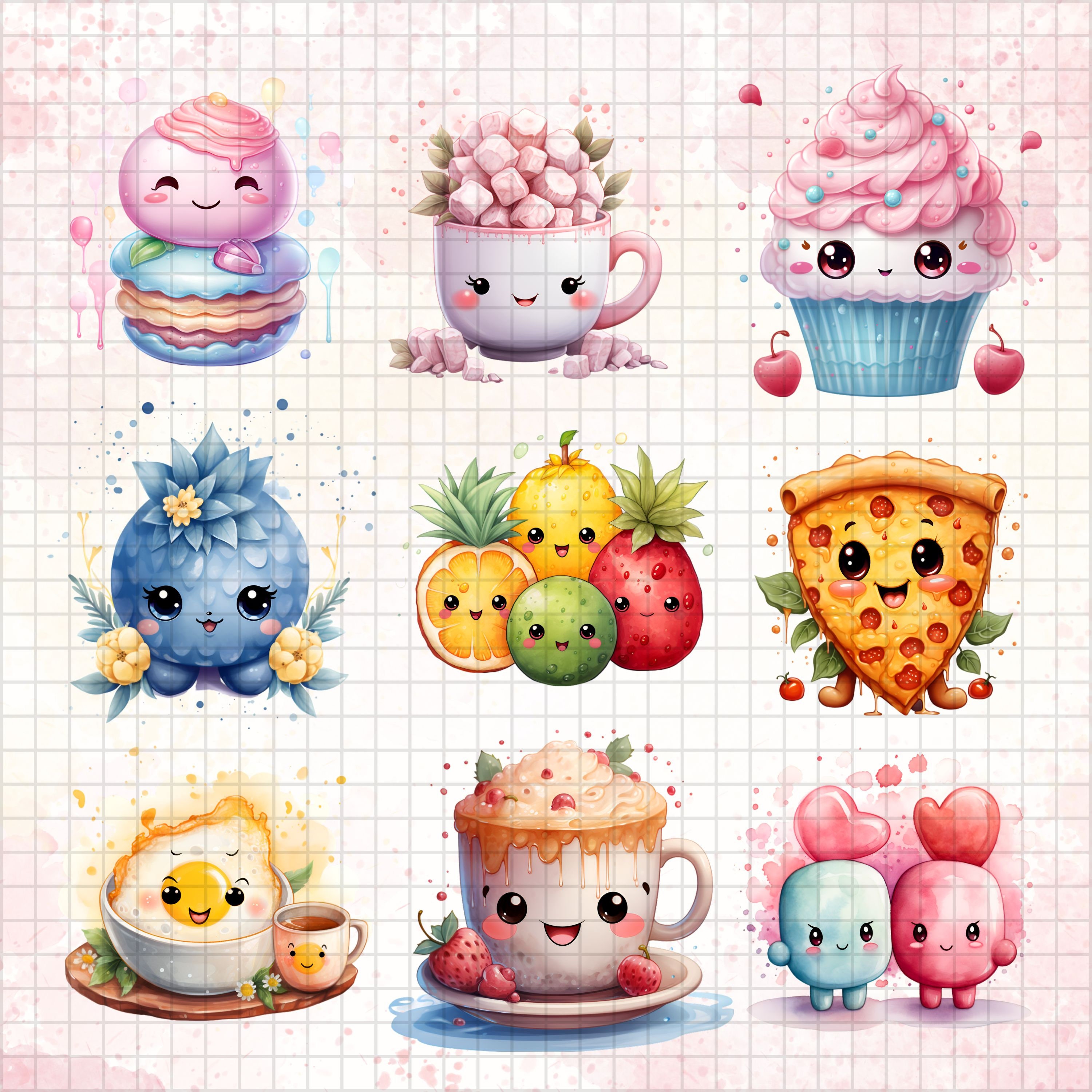 Kawaii Food Clipart Bundle, Set, Watercolor, Cute Food, Sweets, Candy ...