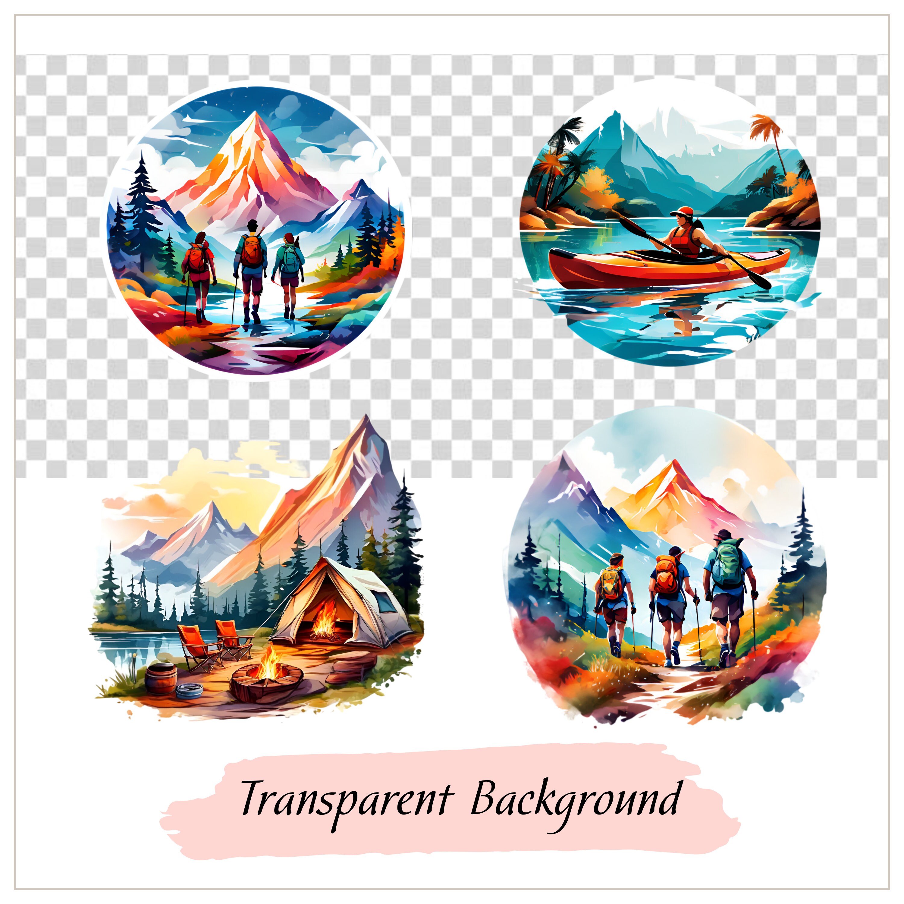 Outdoor Adventures Clipart Bundle, Canoe Silhouette, Landscape Clipart ...