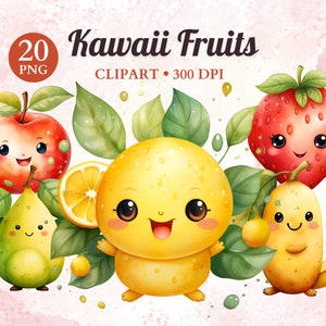 Kawaii Fruits Clipart Watercolor Kawaii Food Clipart Set - Etsy