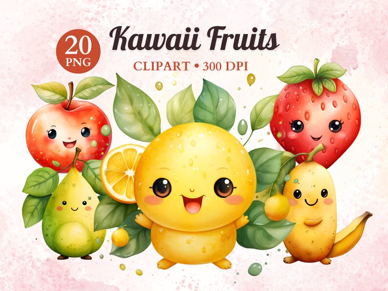 Kawaii Fruits Clipart Watercolor Kawaii Food Clipart Set - Etsy