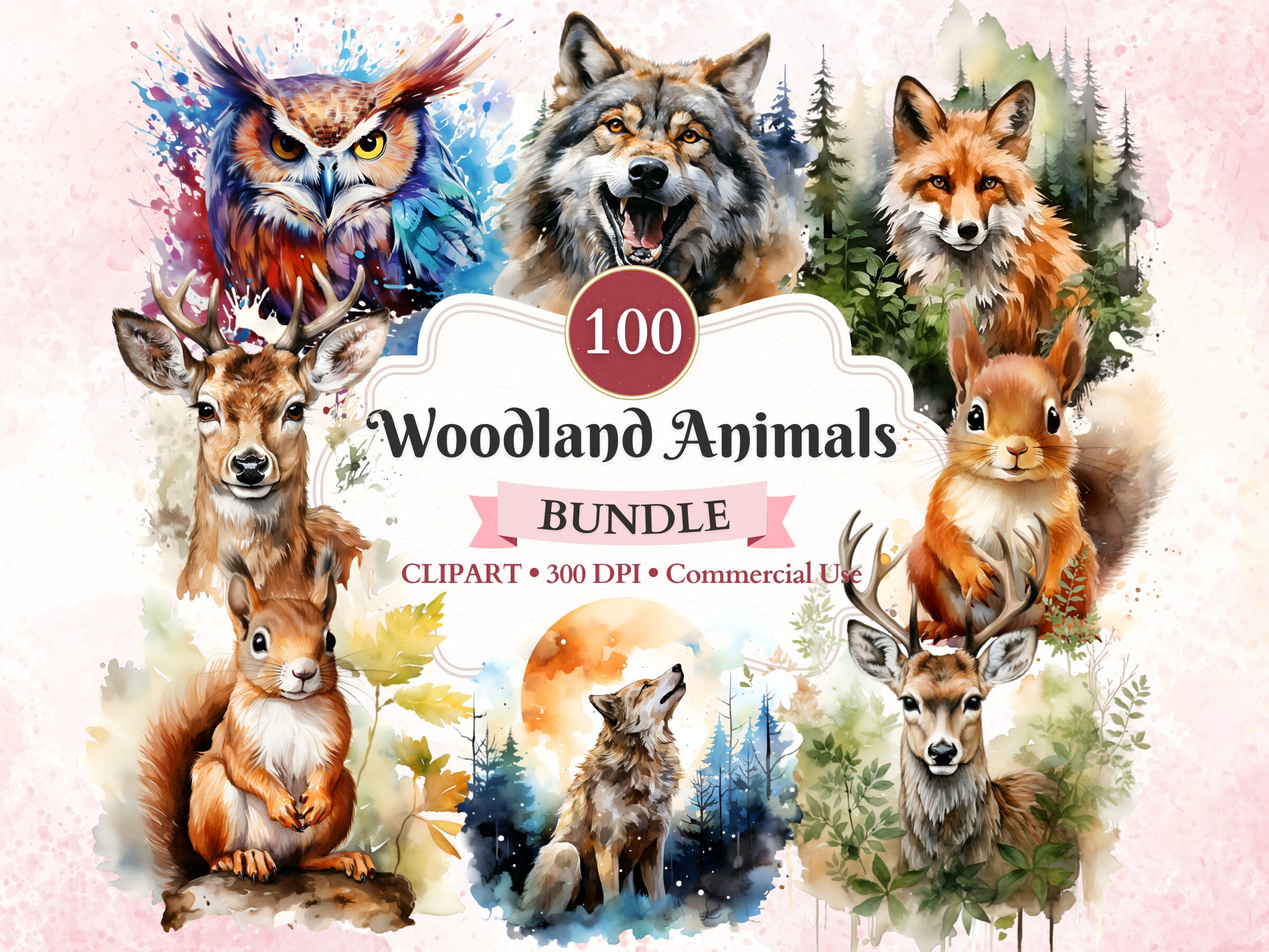 Woodland Animals Clipart Bundle, Fox, Wolf, Deer, Owl, Squirrel, Jungle ...