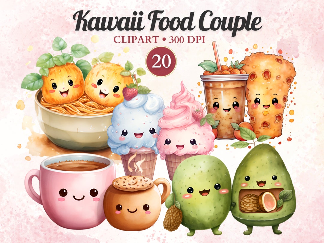 Kawaii Food Couple Clipart, Watercolor, Kawaii Food Clipart Set, Cute ...