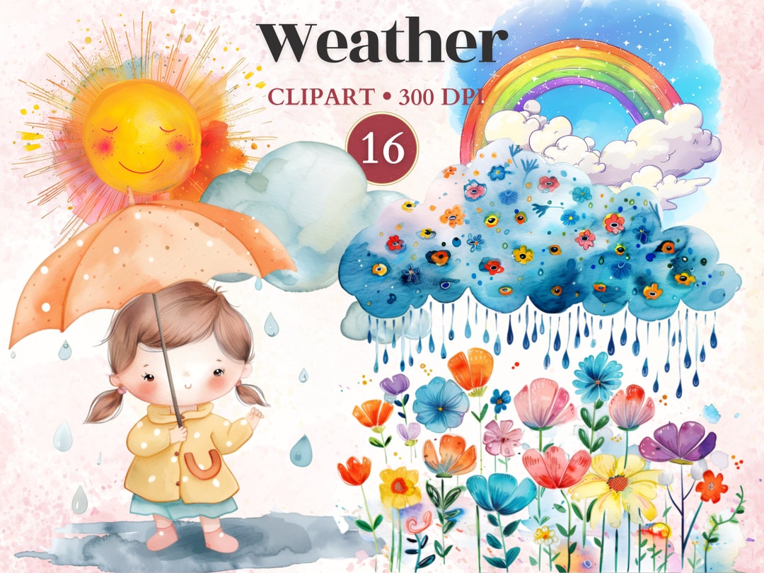 Weather Clipart, Kawaii Weather, Rainy Day, Cute Sun Clipart, Cloud Png ...