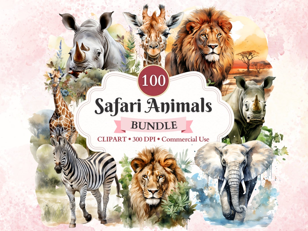 Safari Animals Clipart Bundle, Lion, Elephant, Giraffe, Savannah Animal ...