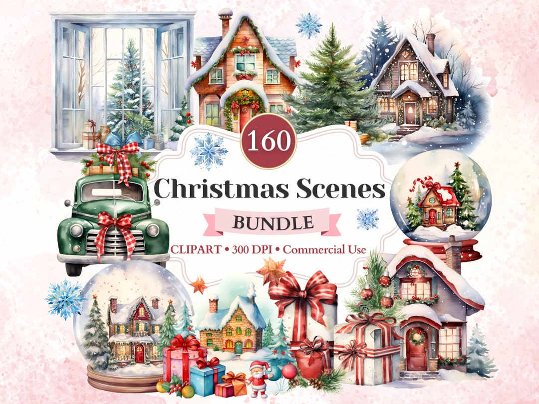 Christmas Scenes Clipart Bundle, Merry Xmas Png, Santa Vector, Winter ...