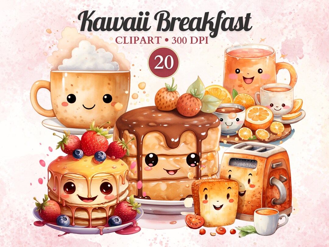Kawaii Breakfast Clipart, Watercolor, Kawaii Food Clipart Set, Cute ...