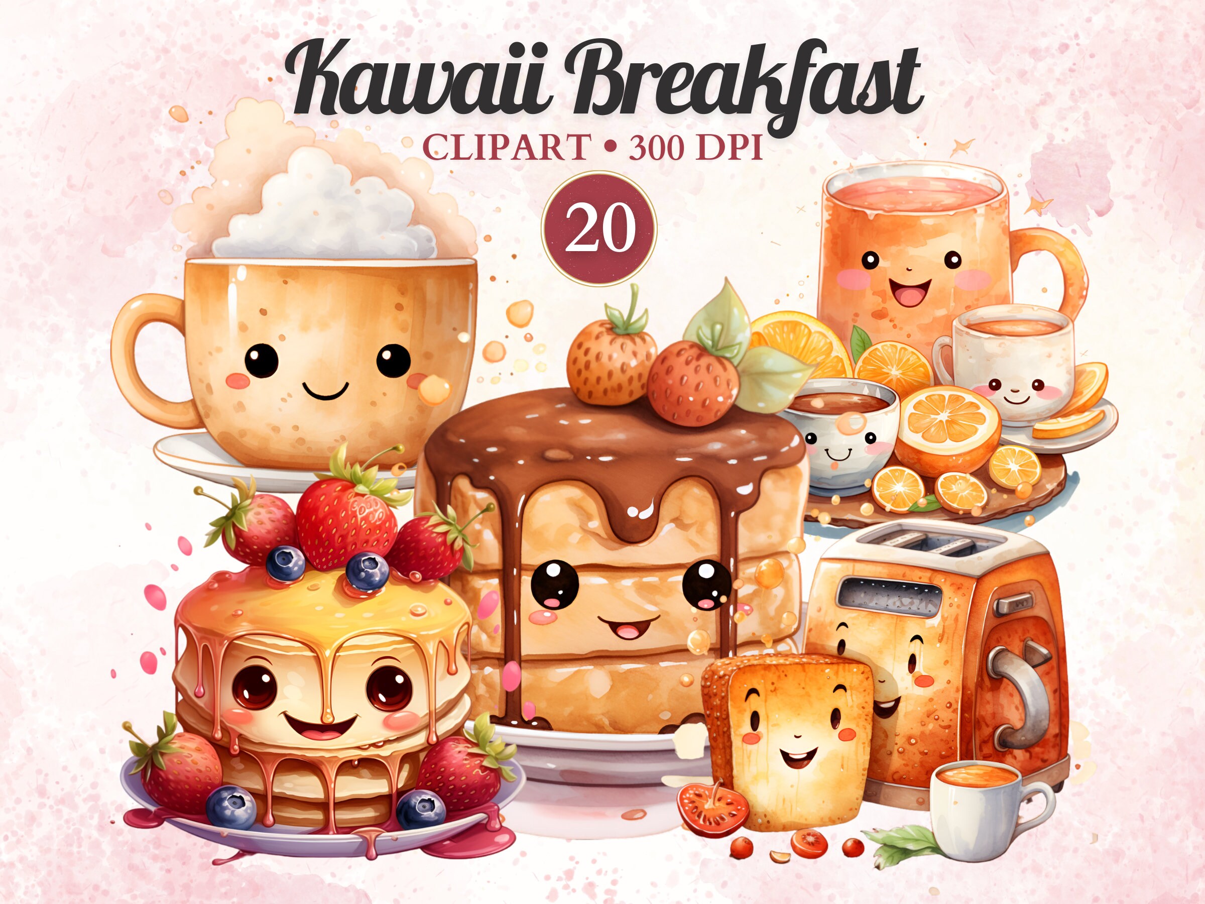 Kawaii Breakfast Clipart, Watercolor, Kawaii Food Clipart Set, Cute ...