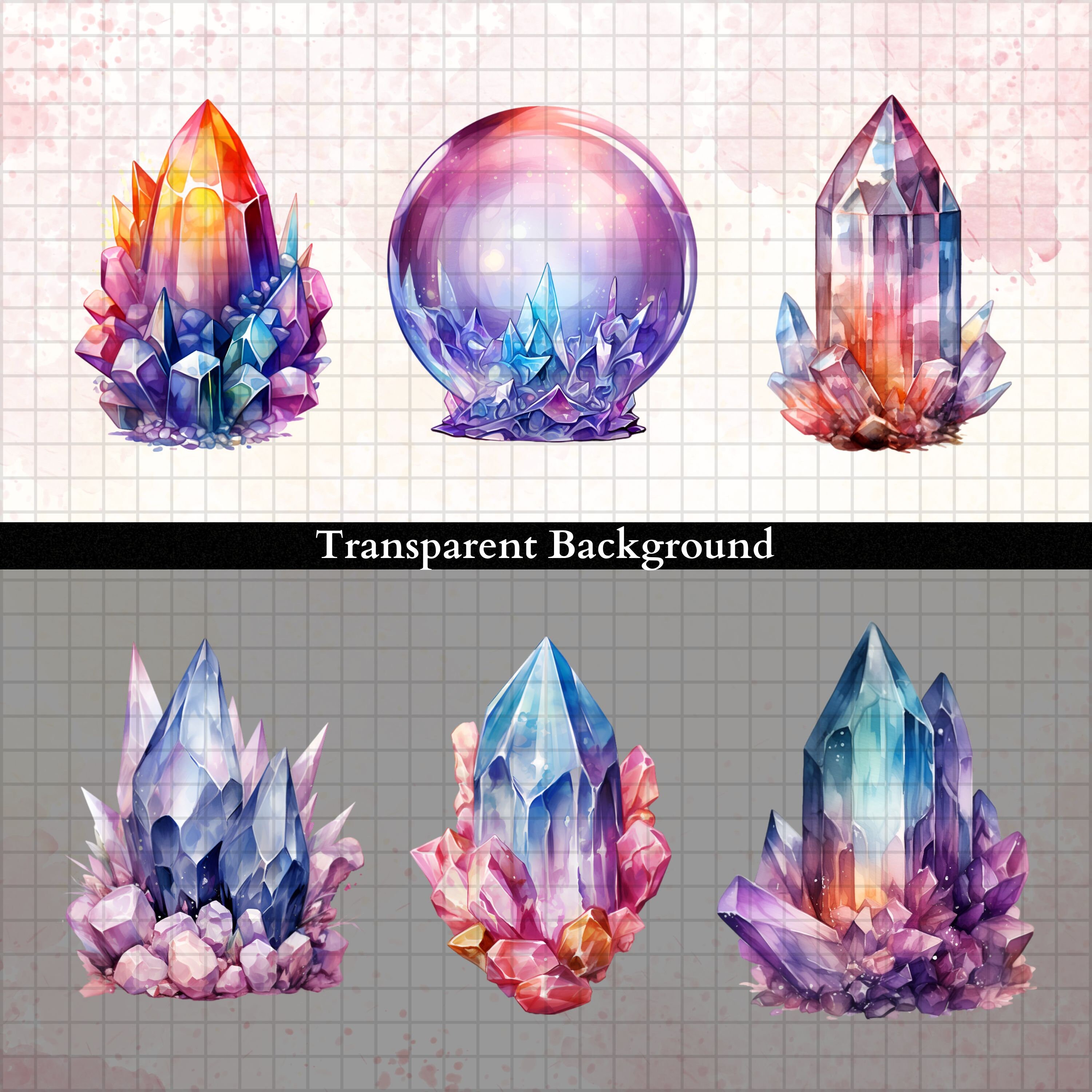 Crystals Clipart Bundle, Set, Healing Crystal, Shiny, Cluster, Clear ...