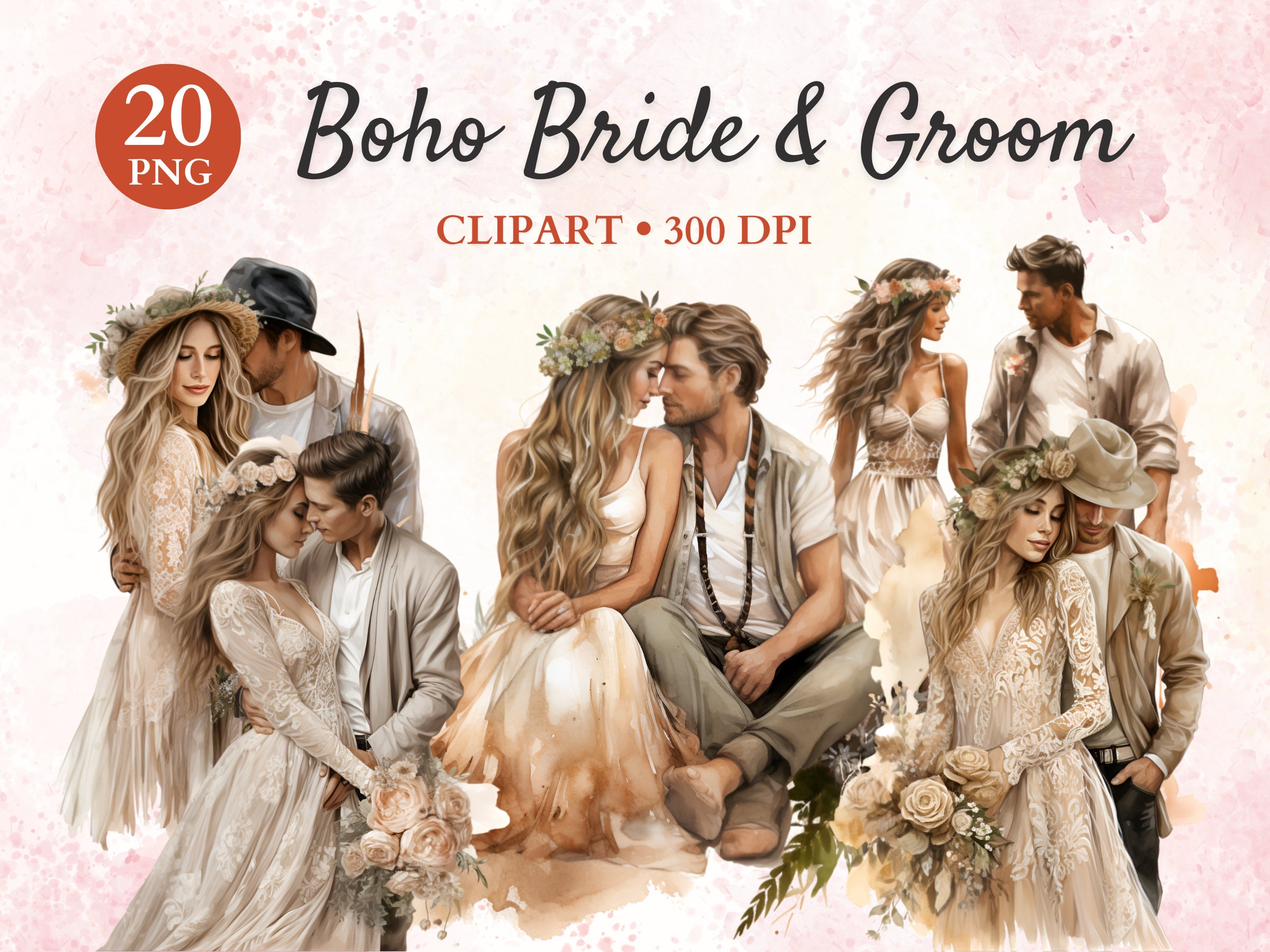 Boho Bride and Groom Clipart Shabby Floral Wedding Png Boho - Etsy