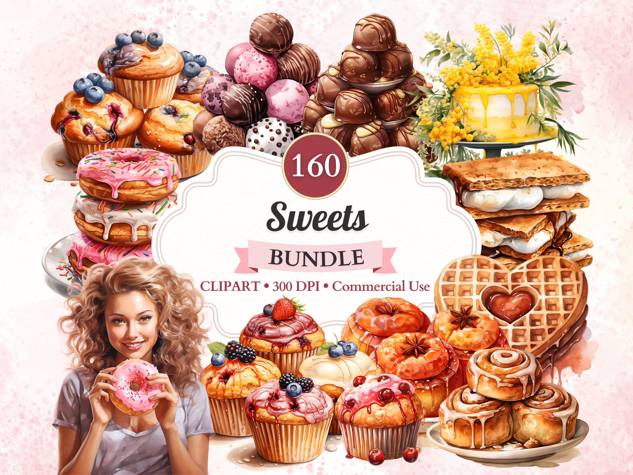 Sweets Clipart Bundle, Traditional Dessert, Cinnamon Roll, Donut Png ...