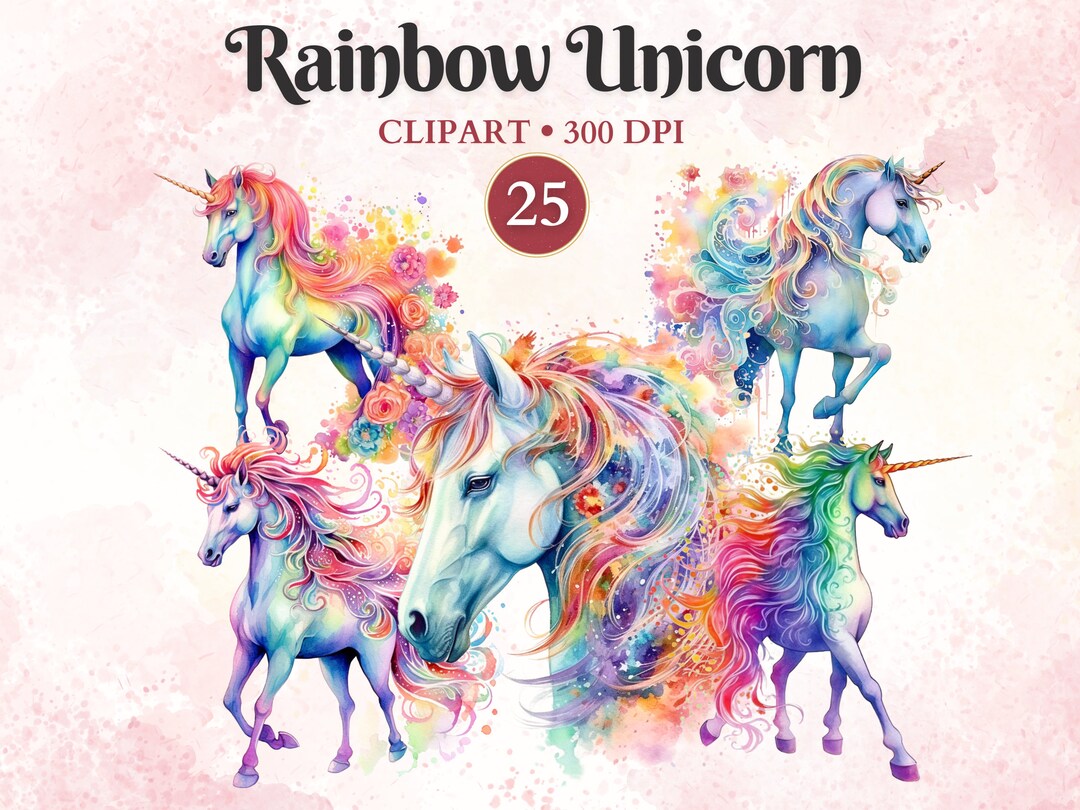 Rainbow Unicorn Clipart, Magic Unicorn Graphics, Watercolor Png ...