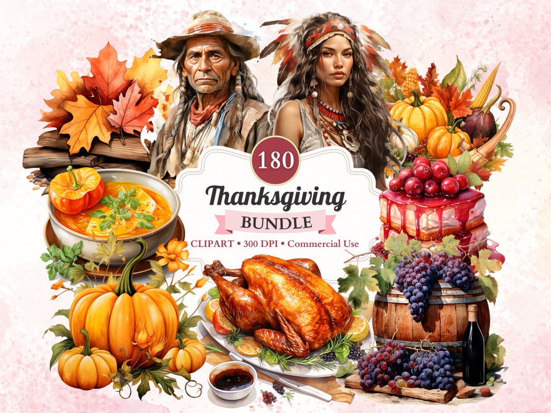 Thanksgiving Clipart Bundle, Set, Pumpkin Spice Food, Pilgrim, Native ...