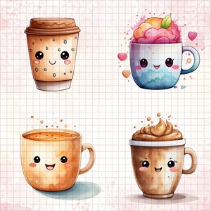 Kawaii Coffee Clipart, Watercolor, Cute Coffee Cup Clipart, Coffee Love ...