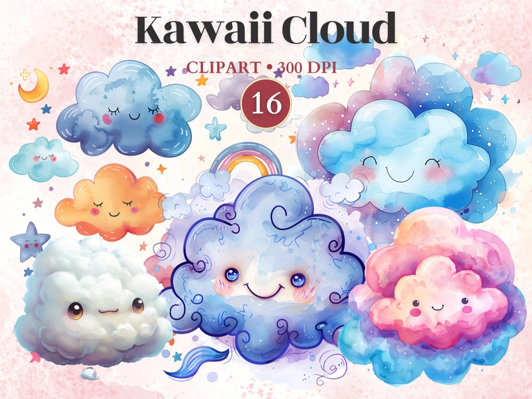 Kawaii Cloud Clipart, Fluffy Clouds, Rainy Day, Kawaii Weather, Cute ...