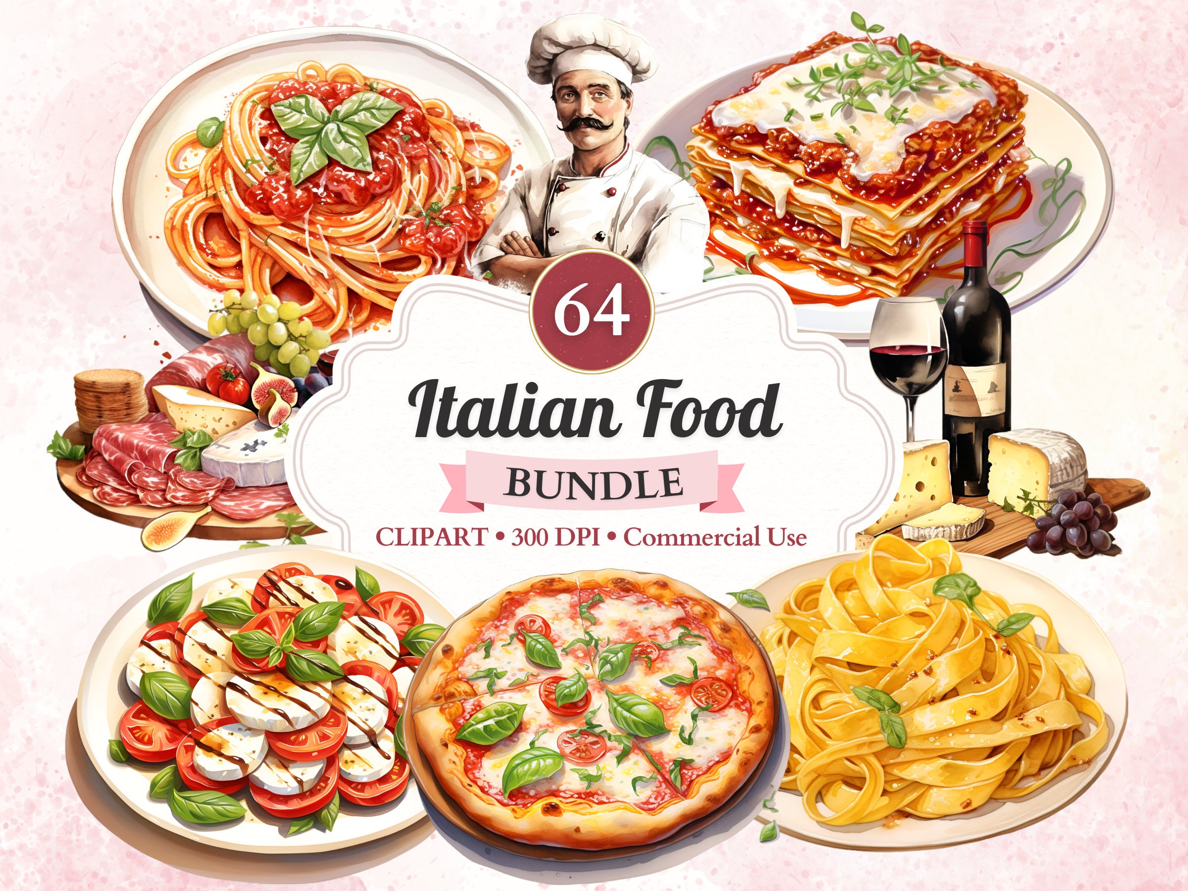 Italian Food Clipart Bundle Pasta Clipart Spaghetti Wine - Etsy