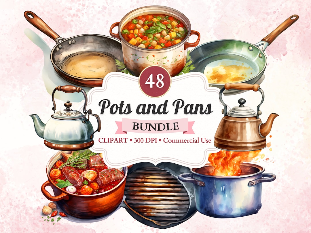 Pots and Pans Clipart Bundle, Cooking Pot, Pan, Tea Kettle, Cooking ...
