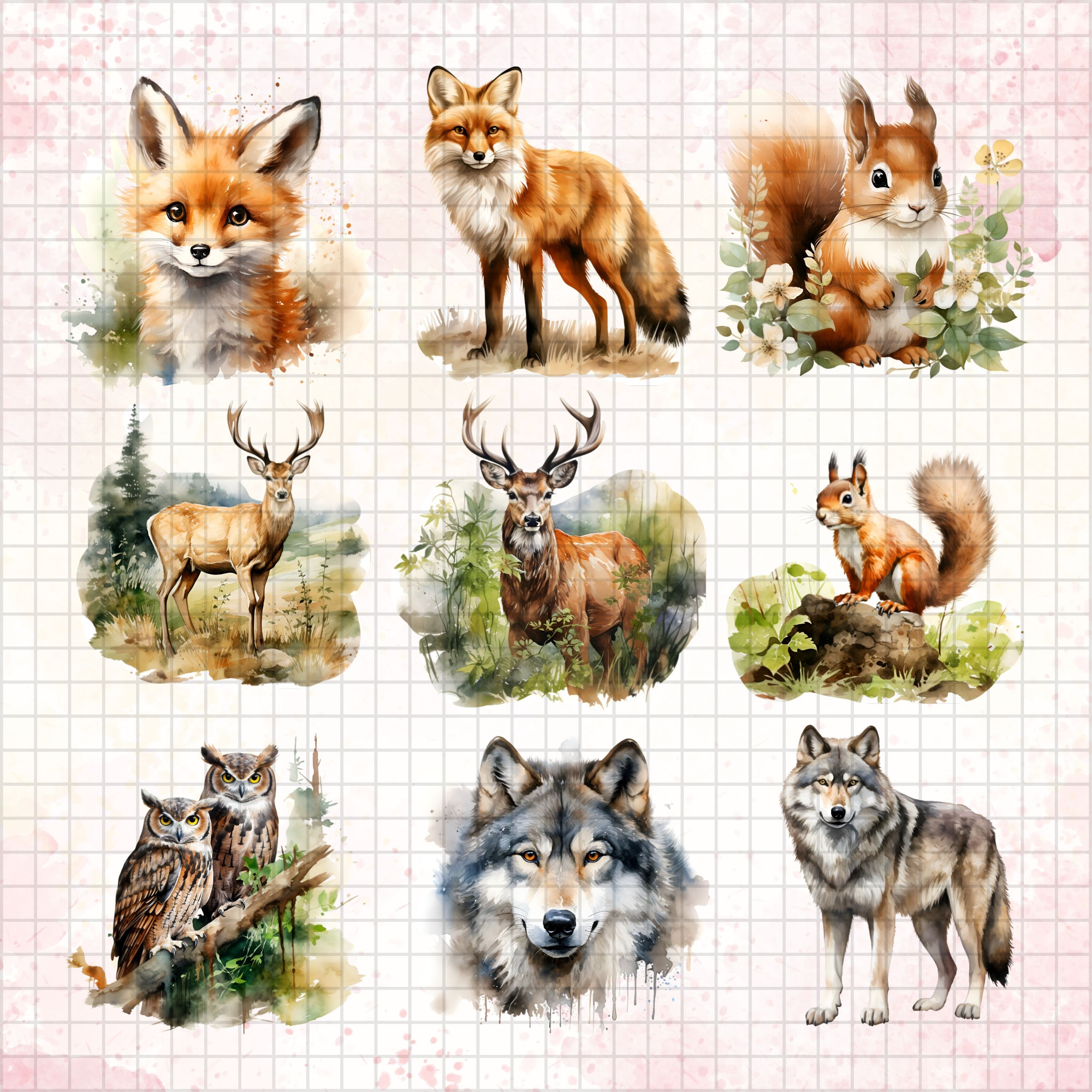 Woodland Animals Clipart Bundle, Fox, Wolf, Deer, Owl, Squirrel, Jungle ...