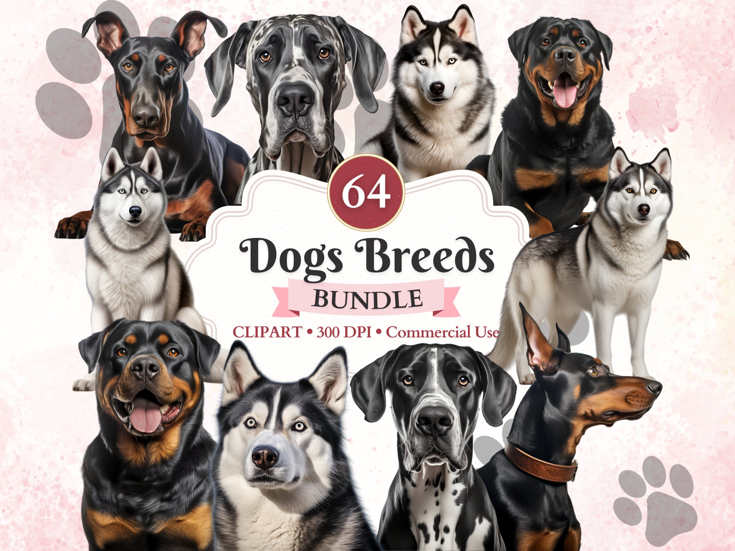 Dogs Breeds Clipart Bundle, Rottweiler Vector, Doberman Silhouette ...