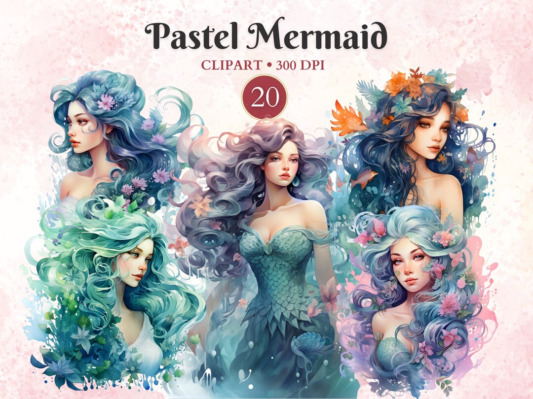 Pastel Mermaid Clipart, Watercolor Fantasy Mermaid, Sea Fairy ...