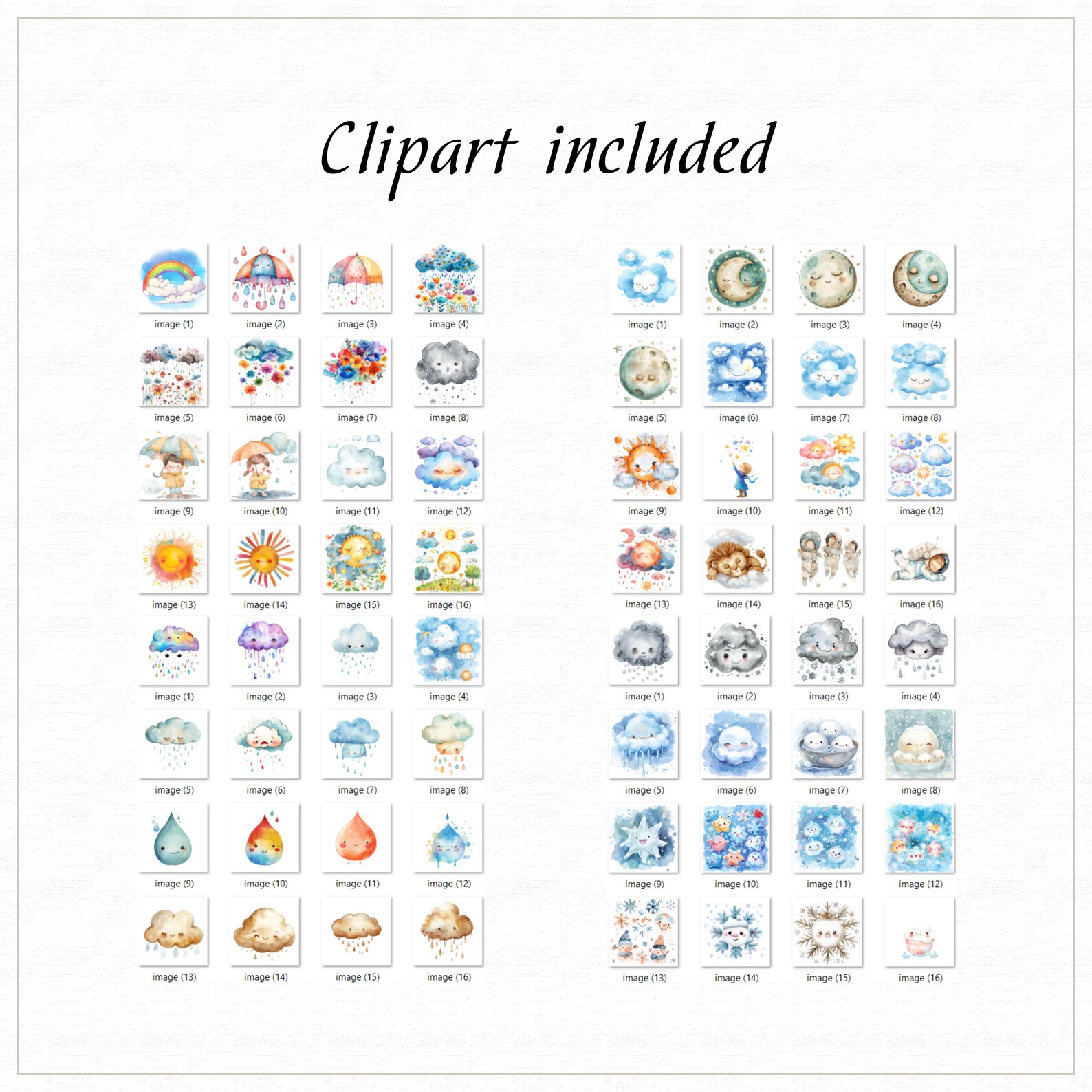 Weather Clipart Bundle, Sky Background, Kawaii Weather, Rainy Day ...