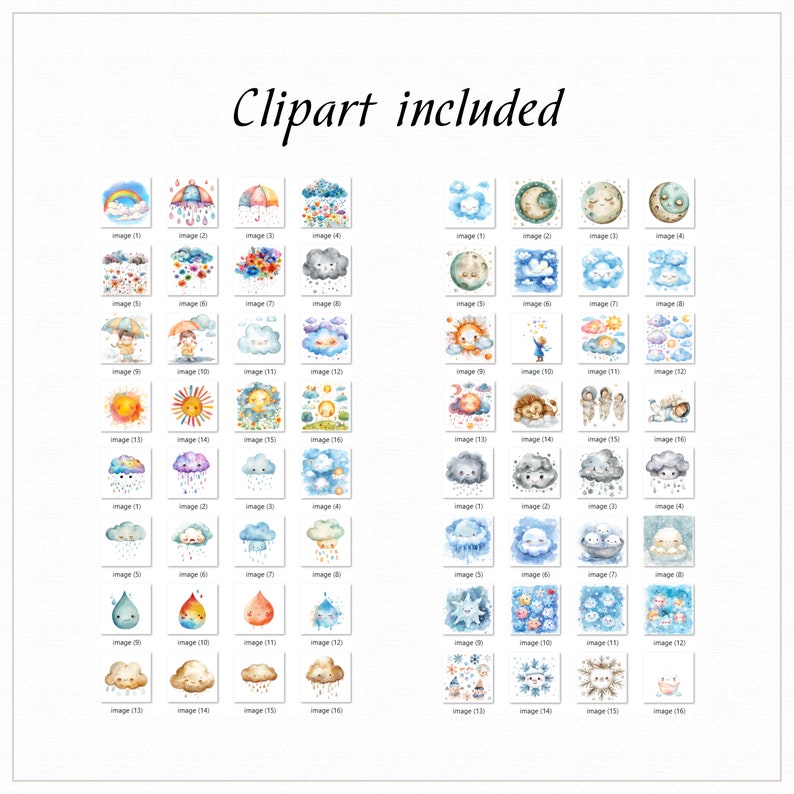 Weather Clipart Bundle, Sky Background, Kawaii Weather, Rainy Day ...