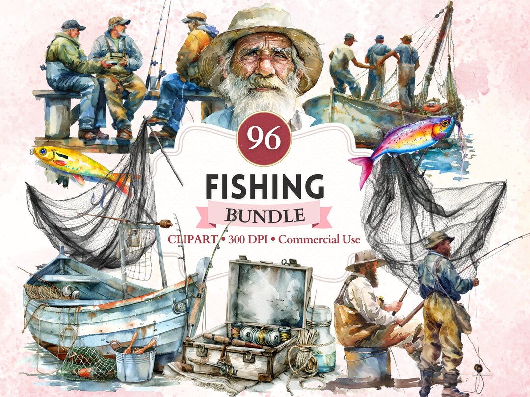 Fishing Clipart Bundle, Fishing Watercolor, Fishing Equipment ...