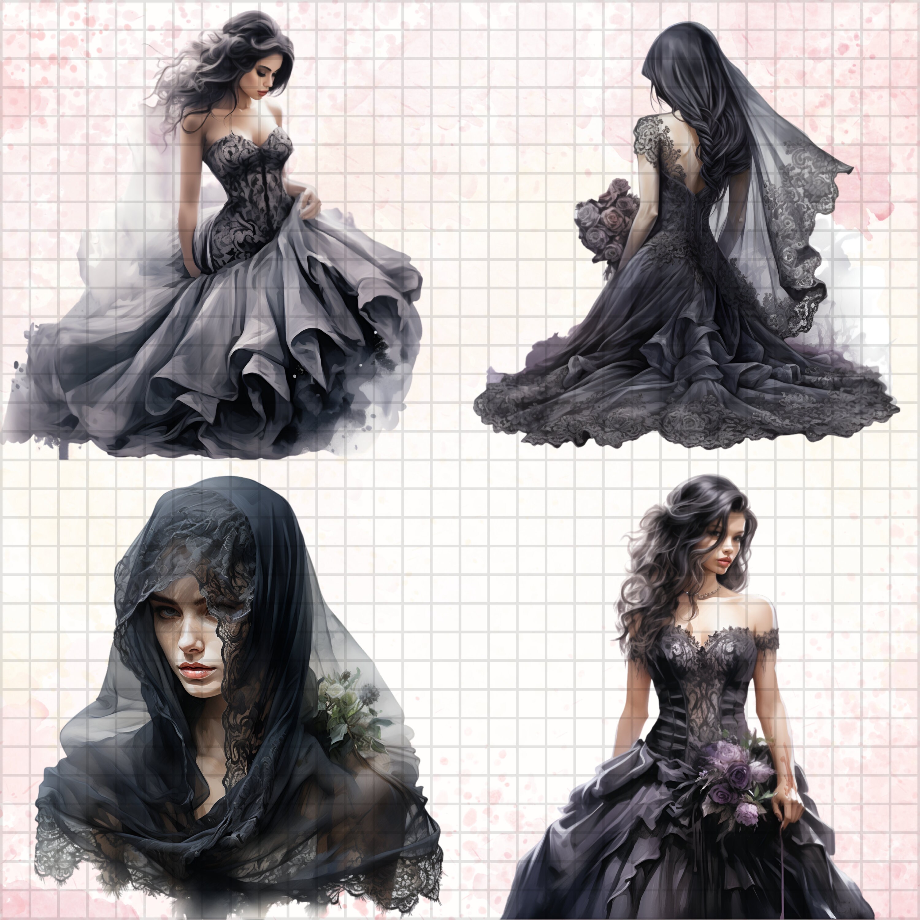 Gothic Bride Clipart, Gothic Wedding Clipart, Gothic Bouquets, Goth ...