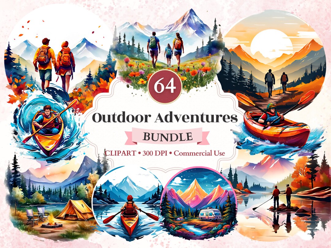 Outdoor Adventures Clipart Bundle, Canoe Silhouette, Landscape Clipart ...
