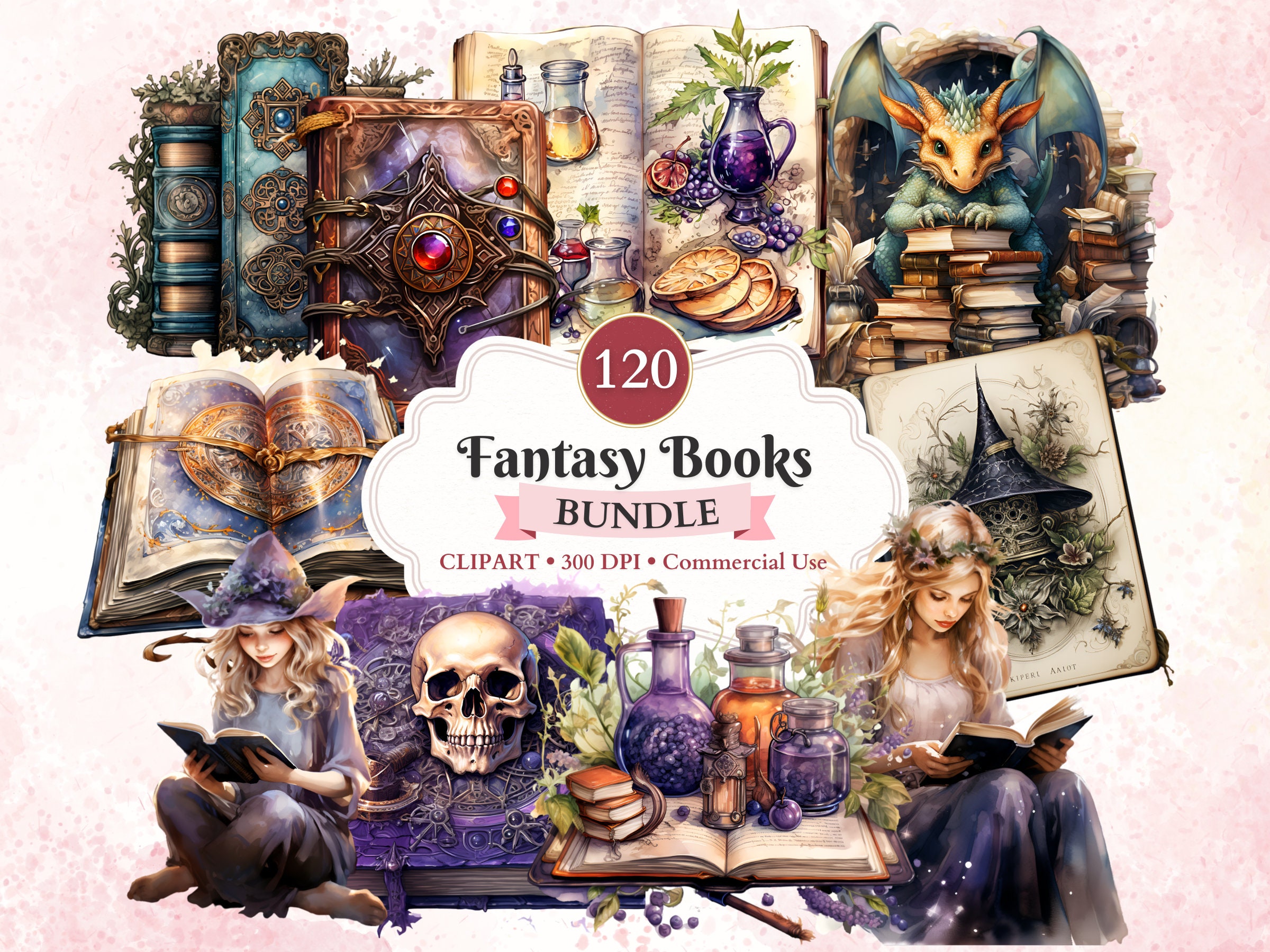 Fantasy Books Clipart Bundle, Book Lovers, Magic Books Clipart, Reading ...