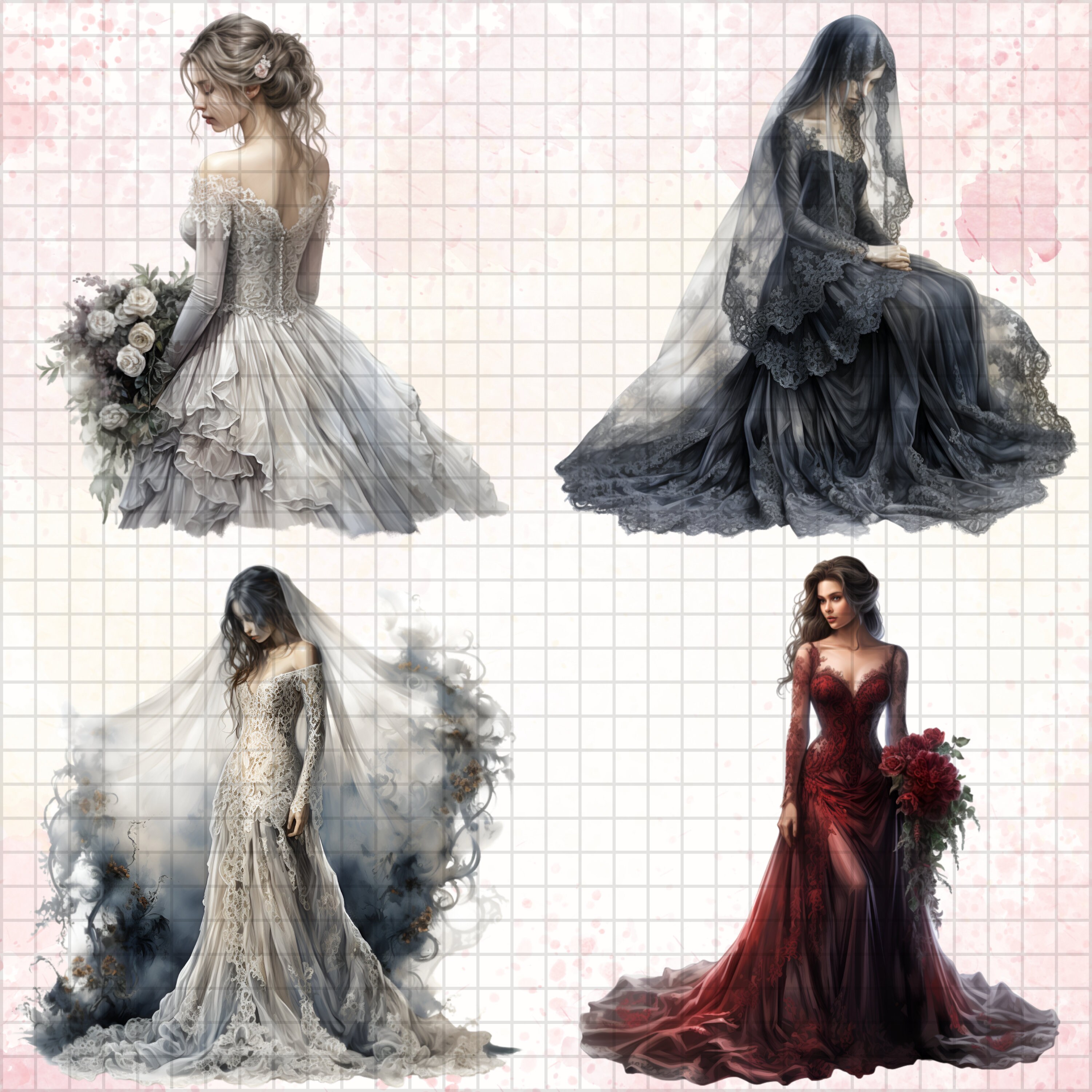Gothic Bride Clipart, Gothic Wedding Clipart, Gothic Bouquets, Goth ...