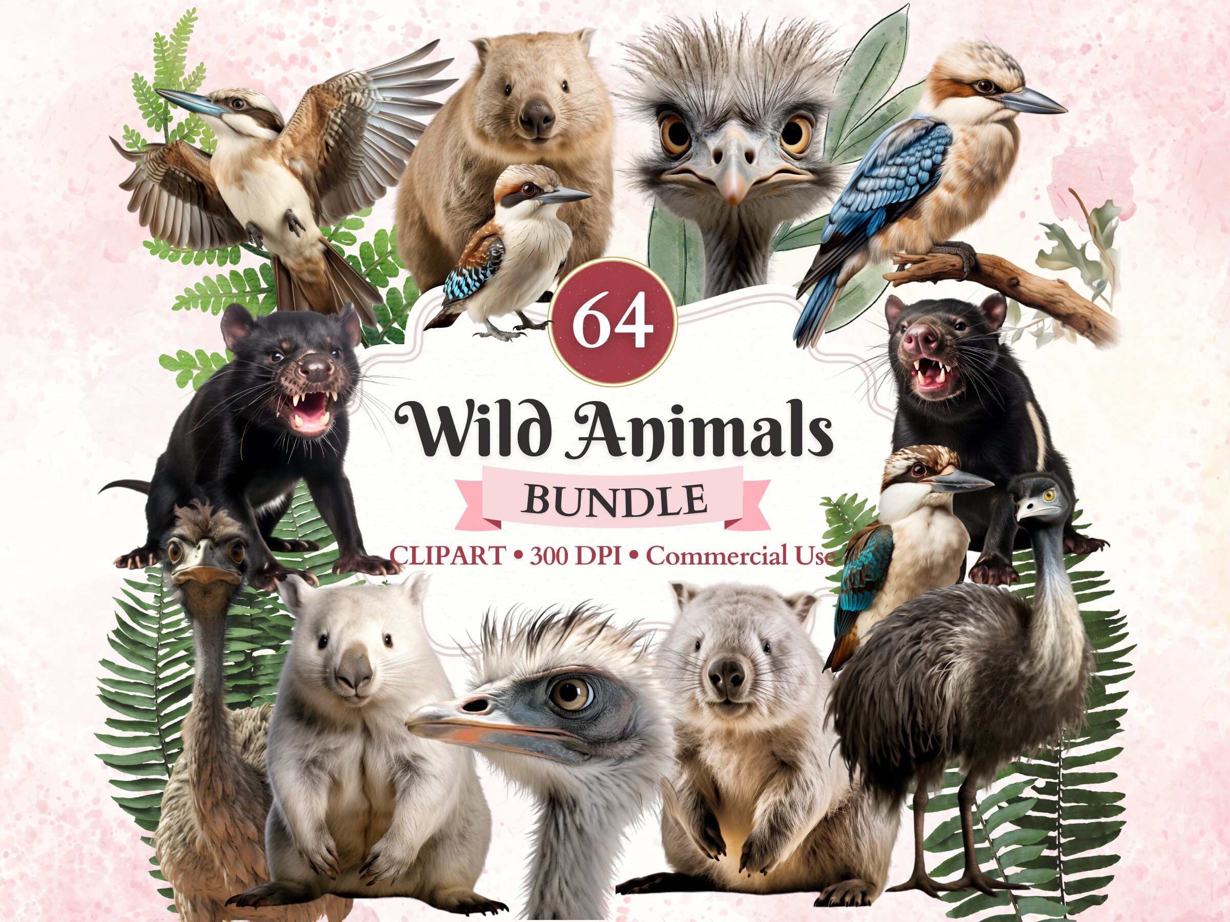 Wild Animals Clipart Bundle, Wombat, Tasmanian Devil, Kookaburra, Emu ...