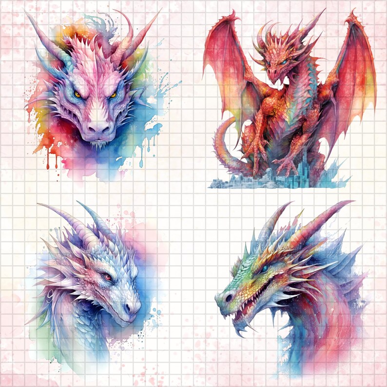 Watercolor Dragon Clipart Dragons Illustration Dragon Art - Etsy
