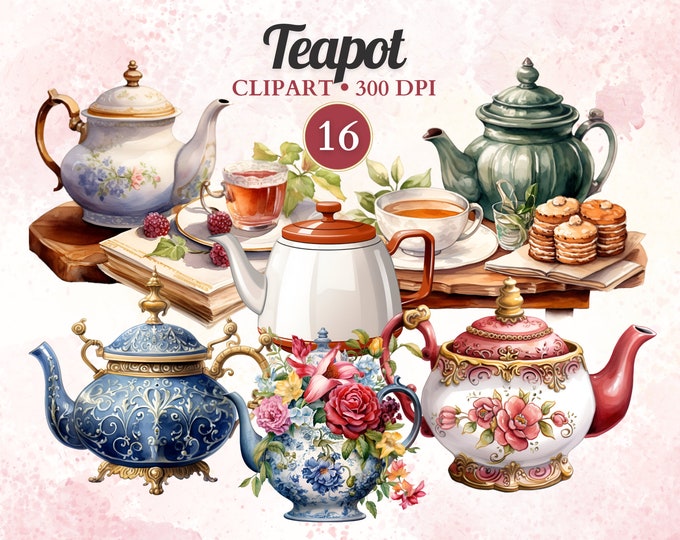 Watercolor Tea Party Clipart: Tea Cups, Teapots (22 PNG Images) - Etsy ...