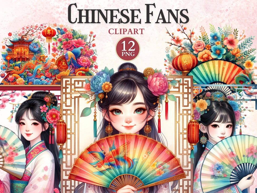 Chinese Fans Clipart, Cherry Blossom Tree, Hand Fan Clipart, Chinese ...