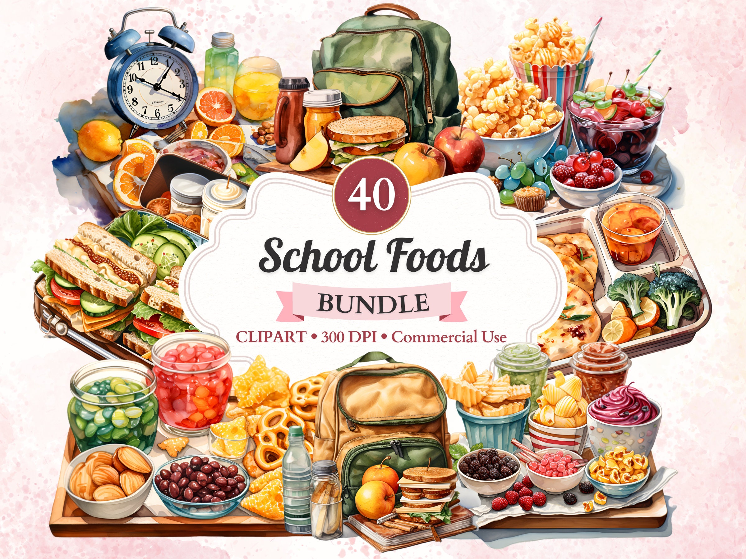 School Food Clipart, Bundle, Set, Watercolor, School Lunch, Child Food ...