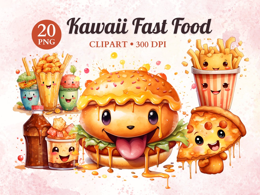 Kawaii Fast Food Clipart Watercolor Kawaii Food Clipart Set - Etsy