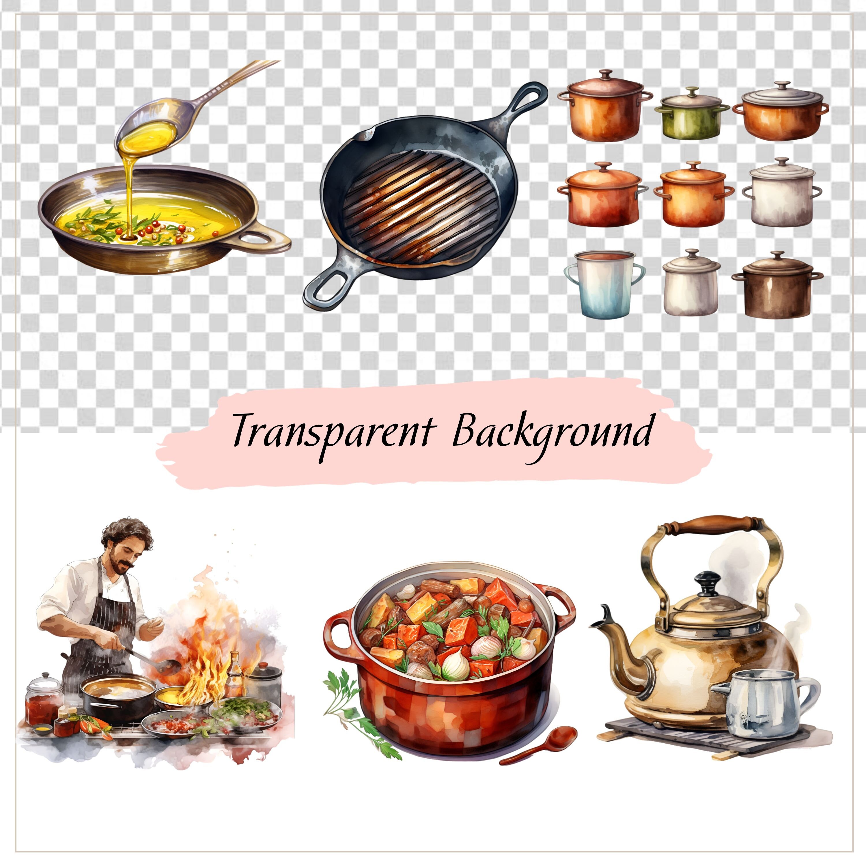 Pots and Pans Clipart Bundle, Cooking Pot, Pan, Tea Kettle, Cooking ...