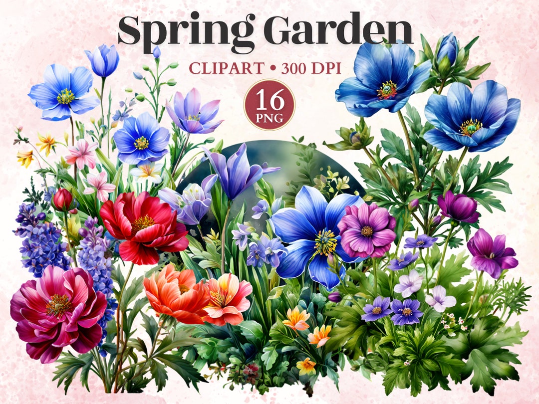 Spring Garden Clipart, Fence Clip Art, Flower Field Print, Flower ...