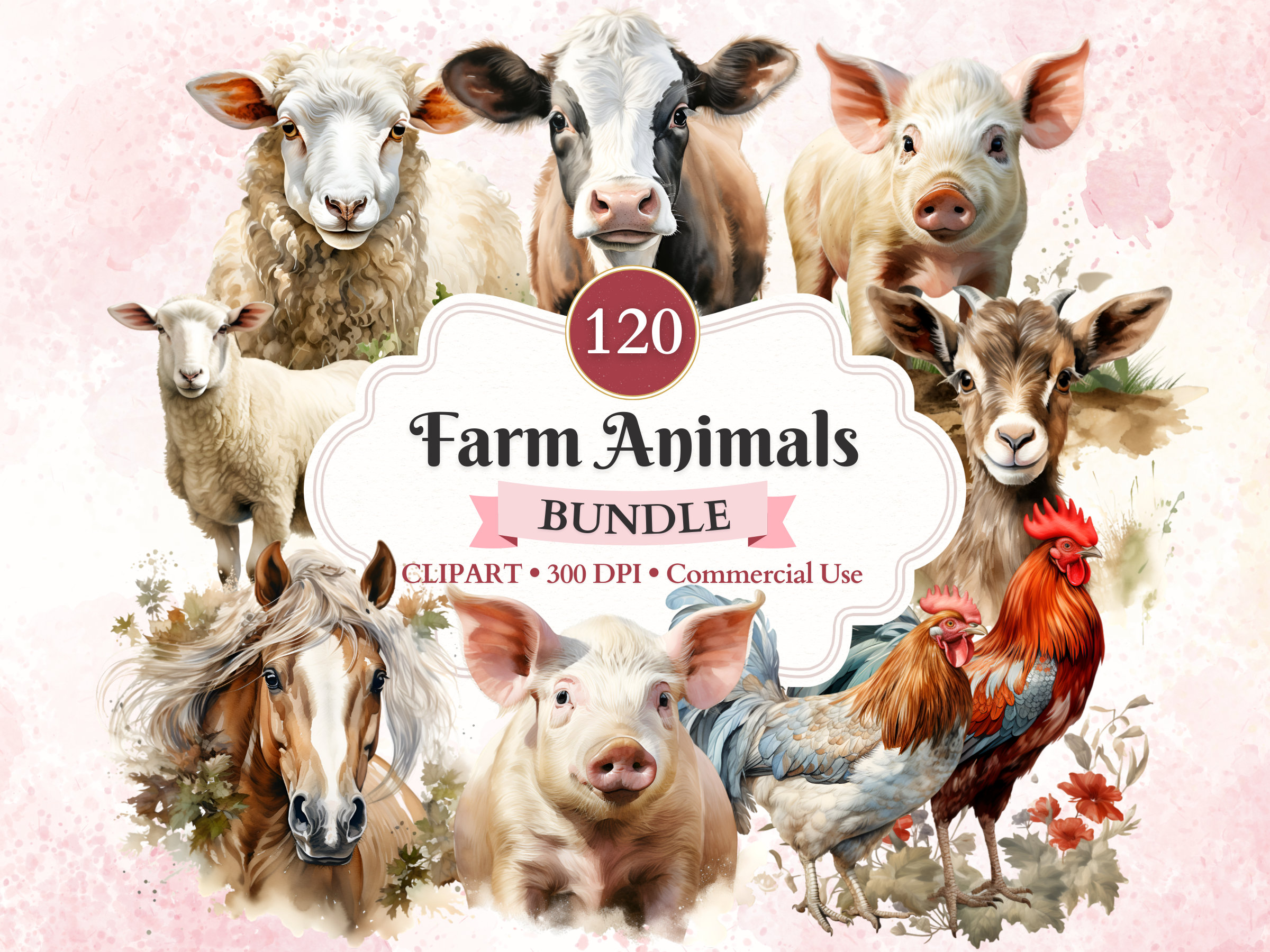 Farm Animals Clipart Bundle, Chicken, Cow, Horse, Pig, Goat, Sheep ...