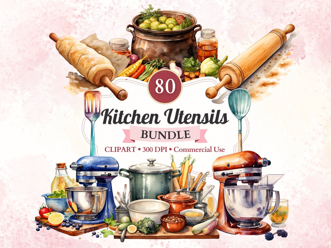 Kitchen Utensils Bundle, Set, Watercolor, Cooking Tools Clipart, Chef ...