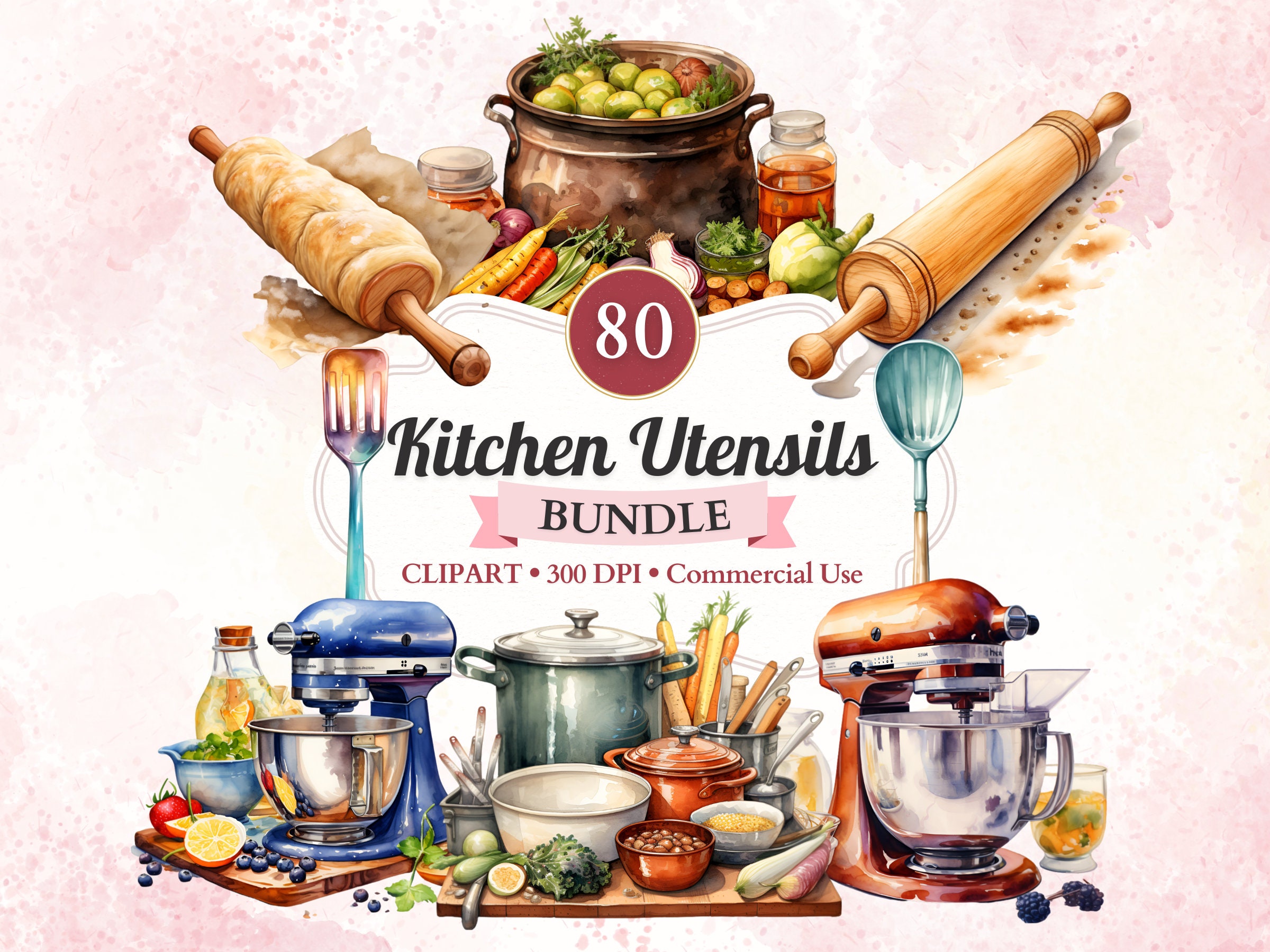 Kitchen Utensils Bundle, Set, Watercolor, Cooking Tools Clipart, Chef ...