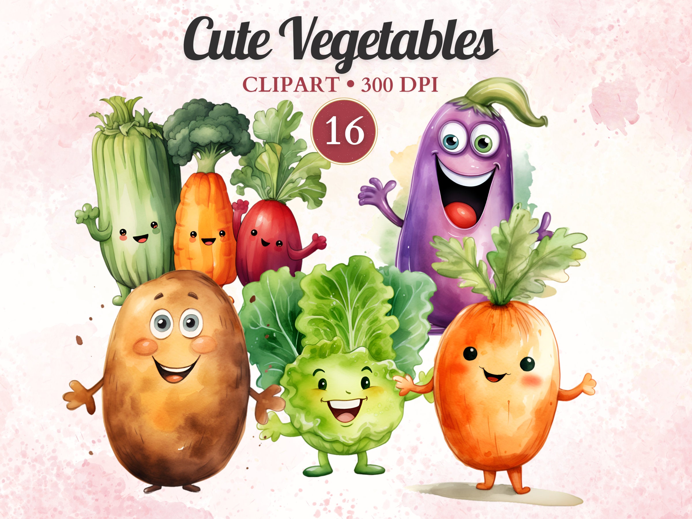 Cute Vegetables Clipart, Watercolor, Kawaii, Png, Healthy Food, Veggie ...