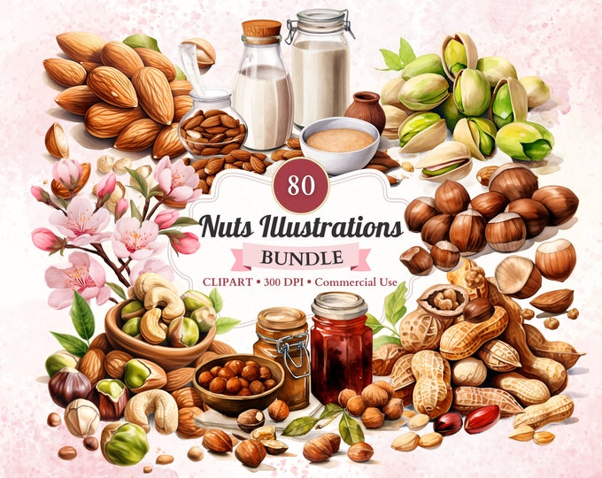 Nuts Watercolor Clipart, Pistachios, Hazelnut, Almond, Walnut, Cashew ...