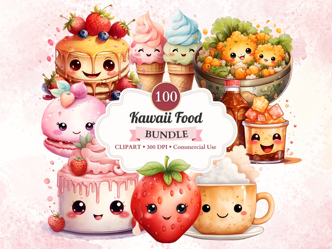 Kawaii Food Clipart Bundle, Set, Watercolor, Cute Food, Sweets, Candy ...