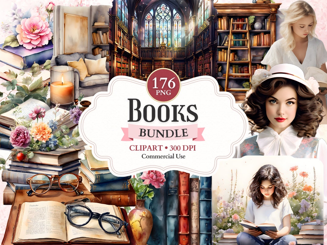 Books Clipart Bundle, Library Clipart, Book Worm, Bookish Png, Study ...