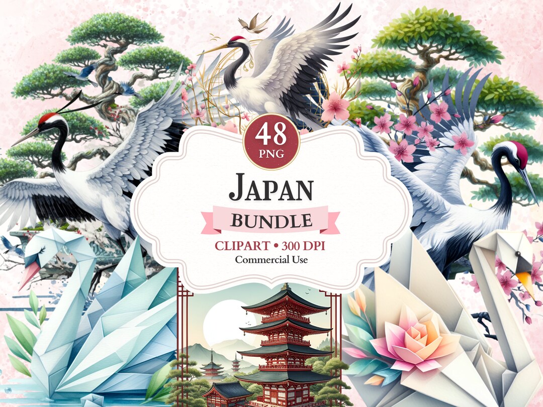 Japan Clipart Bundle, Cultural Clipart, Japanese Crane, Pagoda, Bonsai ...